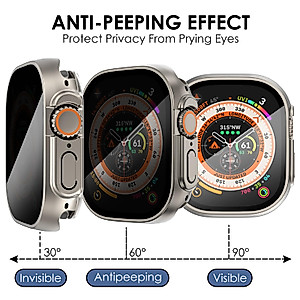 WINGLE 2 Pack for Apple Watch Ultra 2 49mm Privacy Screen Protector Case, [Anti-Peeping] 2 in 1 Waterproof 360 Protective Glass Face Cover Hard PC Bumper for iWatch Ultra 49 mm, Titanium