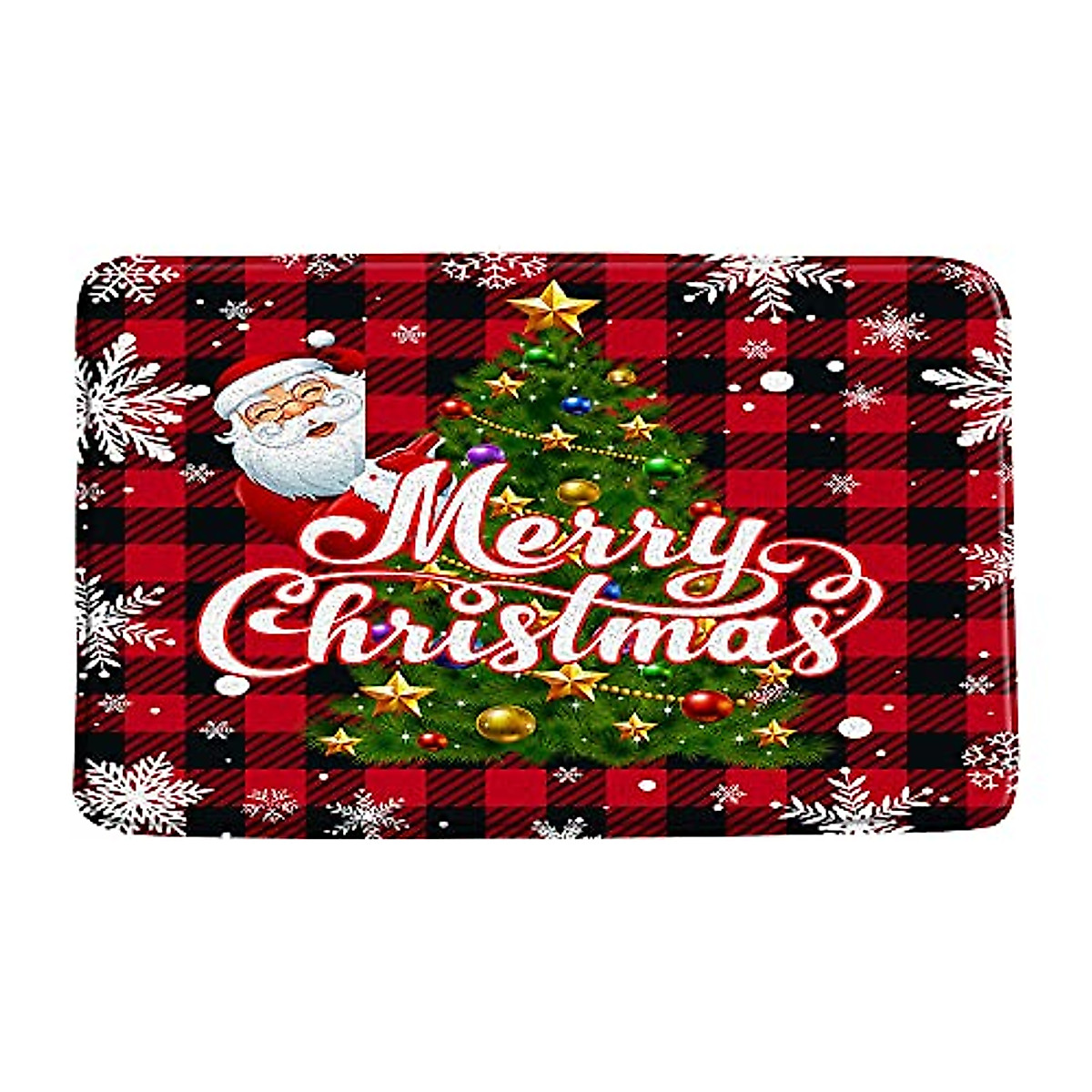 YSATNSFT Merry Christmas Bath Mat Xmas Tree Cute Santa White Snowflake Red Black Buffale Check Plaid Rustic Farmhouse Bathroom Bedroom Kitchen Toilet Rug Soft Memory Foam Backing,18x30 Inch