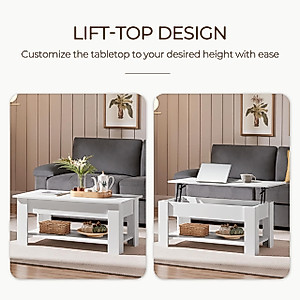 Yaheetech Lift Top Coffee Table w/Hidden Storage Compartment and Storage Shelf - Lift Tabletop for Living Room Reception Room, White