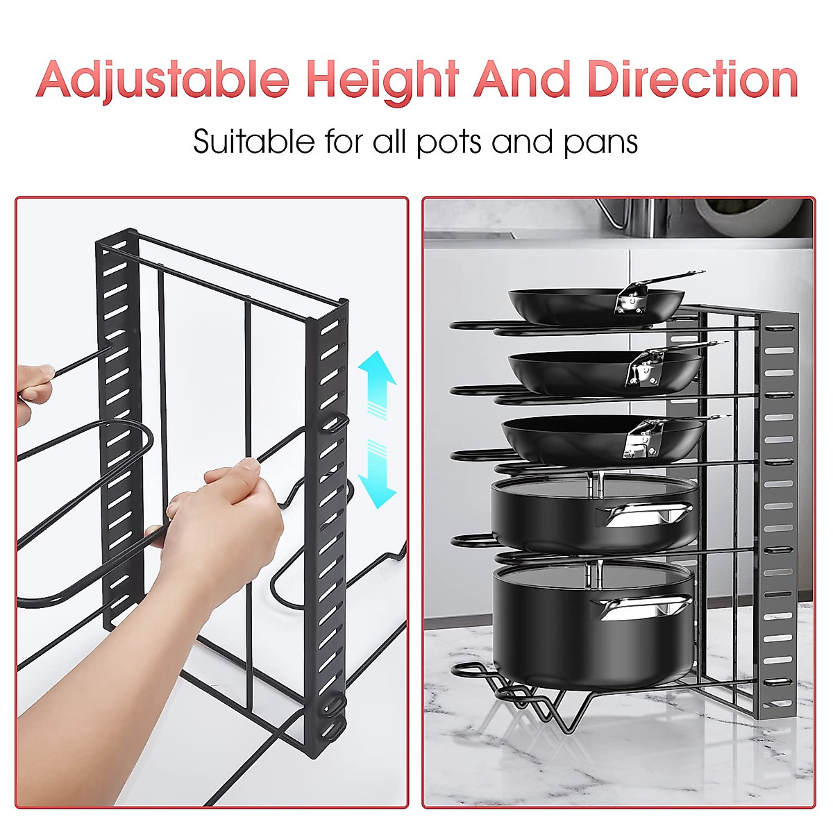 G-TING Expandable Iron Pot Rack Organizer, 8 Adjustable Tiers, Black, 3 DIY Methods, Easy to Install, Solid Construction, 15 x 15 x 10 in
