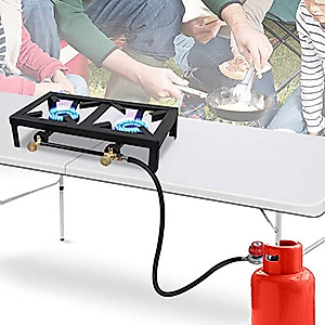 Portable Double Burner Outdoor Gas Stove Propane Cooker with Adjustable 0-20Psi Regulator Hose for Patio Camping, BBQ, Home Brewing, Turkey Fry, Maple Syrup Prep