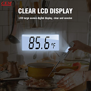 CEM Instant Read Digital Meat Thermometer for Food, Bread Baking, Water and Liquid. Waterproof and Long Probe with Meat Temp Guide for Cooking, Display with Backlit (White), DT-133A