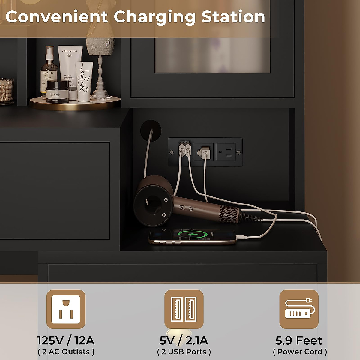 BTHFST Large Vanity Desk with Mirror and Lights, Makeup Vanity with Lights and Charging Station, Vanity Table with 5 Drawers and Storage Shelves, Makeup Desk with Nightstand, Black and Gold