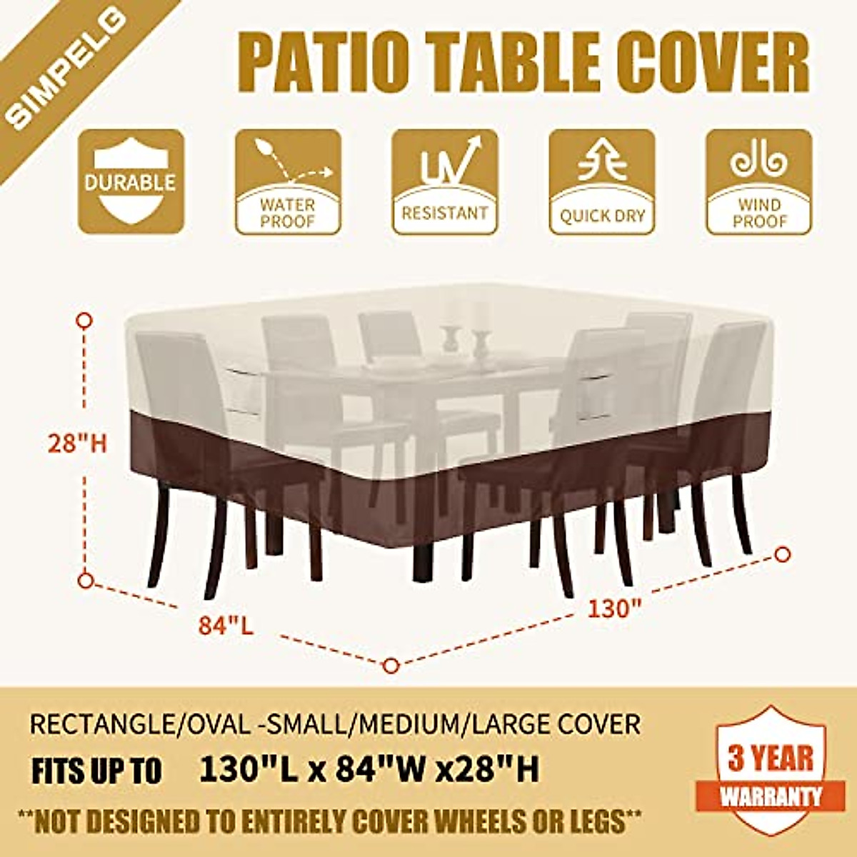Simpelg Patio Furniture Covers, Outdoor Furniture Cover Waterproof, Outdoor Table and Chair Set Covers Heavy Duty 600D, Lawn Furniture Cover and Patio Dining Set Covers, Rectangular (130"x84"x28")