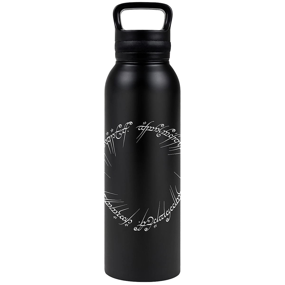 Lord of the Rings OFFICIAL Mordor Script 24 oz Insulated Canteen Water Bottle, Leak Resistant, Vacuum Insulated Stainless Steel with Loop Cap, Black
