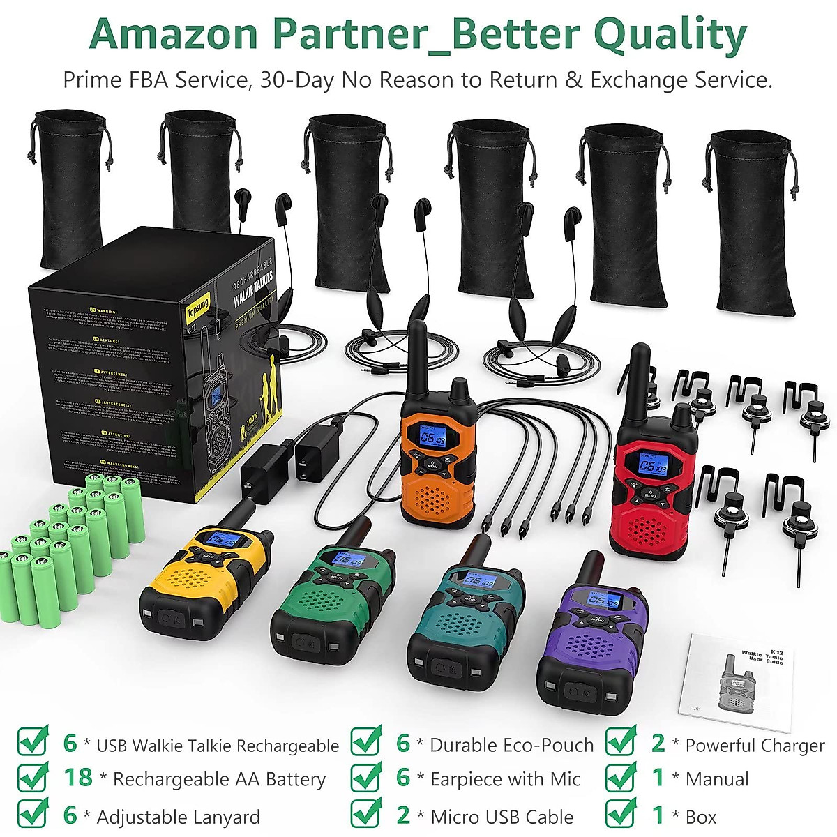 Topsung Walkie Talkies 6 Pack Rechargeable Walkie-Talkies for Adults Long Range Distance FRS 2 Way Radios Walkie Talkies Work Hunting Walkie Talkies with Headsets NOAA 2xUSB Charger 6x4500mAh Battery