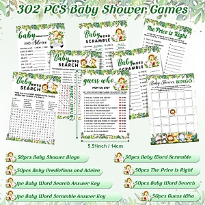 Jetec 302 Pcs Safari Animal Theme Baby Shower Games, 6 Games, 50 Sheets Each, Baby Shower Bingo, Baby Word Scramble, Baby Word Search, Baby Predictions and Advice, The Price is Right, Guess Who