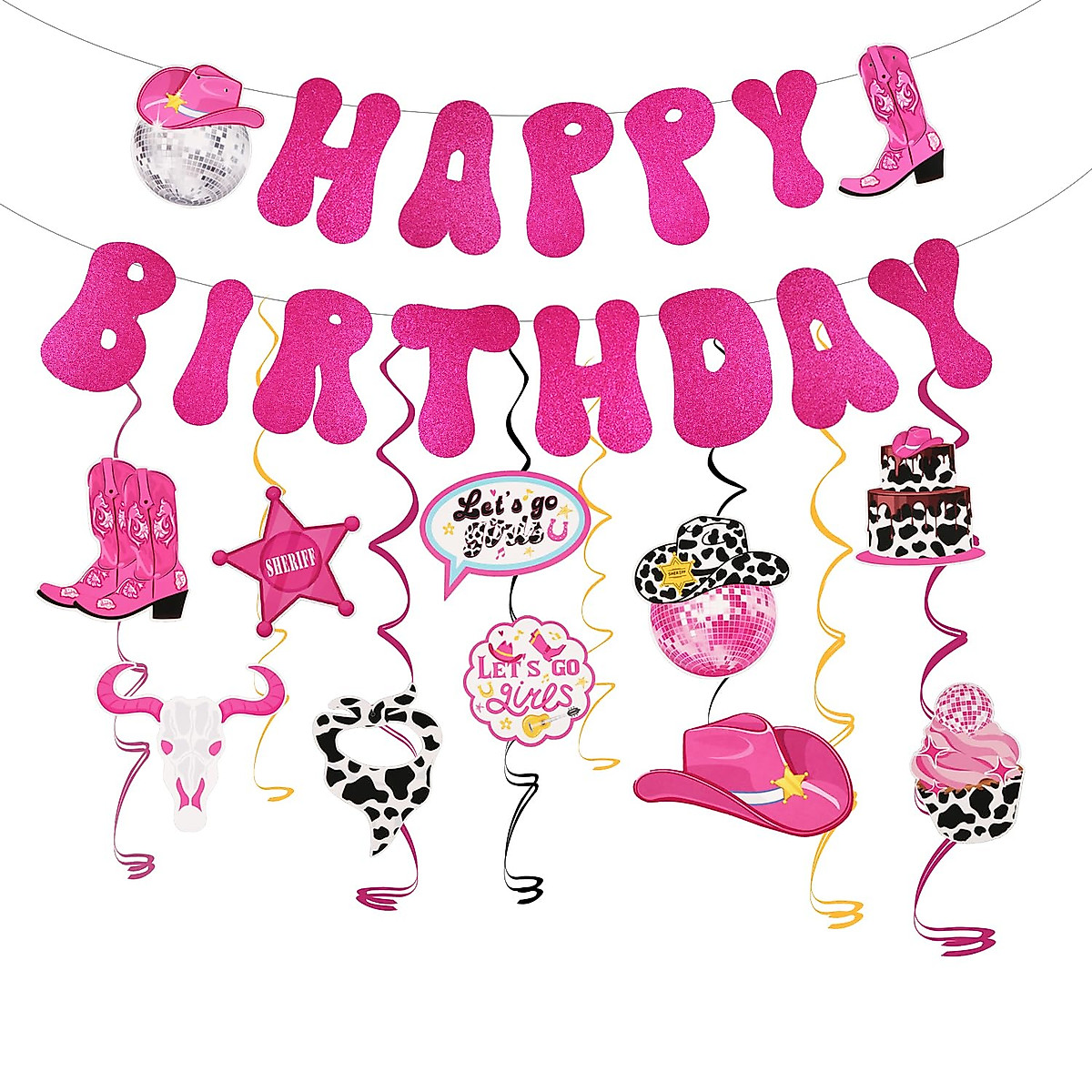26pcs Cowgirl Birthday Party Decorations, Y2K Preppy Birthday Decorations Cowgirl Party Hanging Swirl Banner Decorations Bachelorette Party Decorations for Girls Women Cowgirl Theme Party (Pattern 1)
