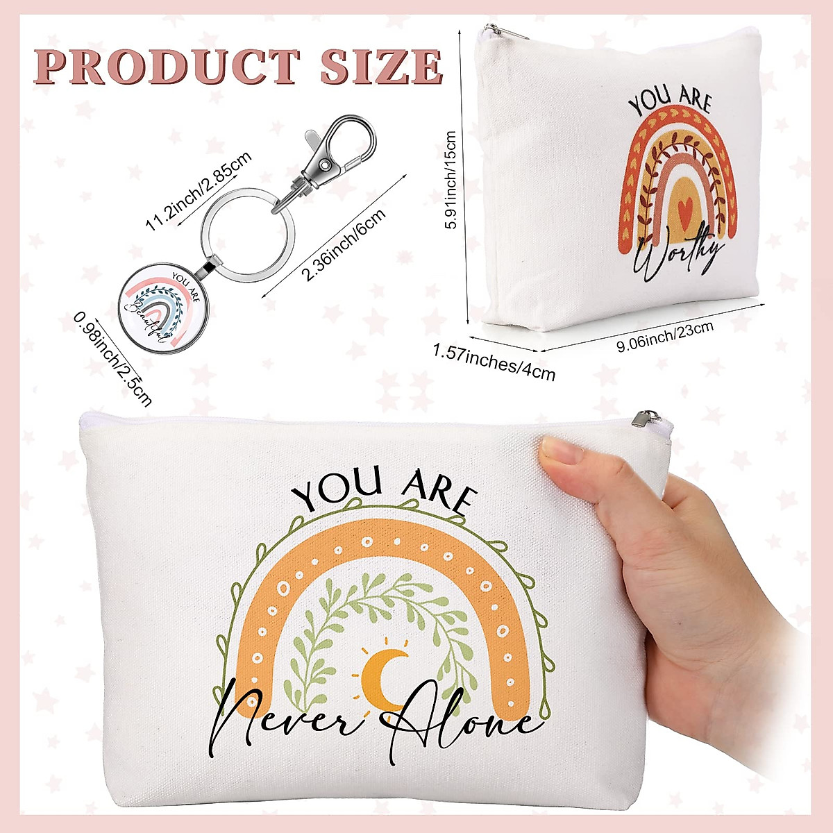 Sieral 20 Pcs Cosmetic Makeup Bags and Keychains with Inspirational Quotes for Women Employee Appreciation Gifts Teacher (Rainbow)