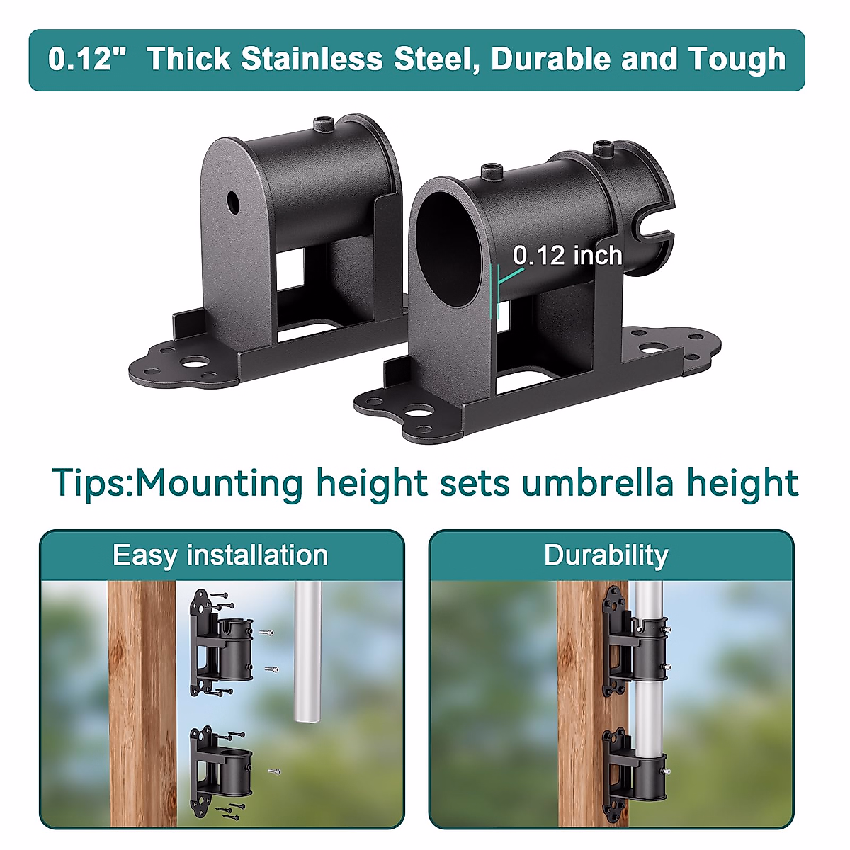 Antsky Patio Umbrella Holder, Stainless Steel Outdoor Umbrella Mount Bracket for Deck Railing, Adjustable Base Width (Fit MAX OD1.95 inch)