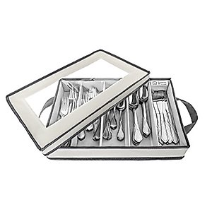 Chapman & Grand Flatware Storage Chest with Lid for Utensils, Silverware, Flatware – Securely Sewn Dividers with Large Capacity (Light Beige-Gray)