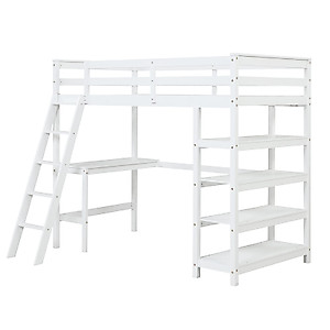 Bellemave Twin Loft Bed with Desk & Shelves for Teens Adults, Wood High Loft Bed Frame with Bookcase & Angle Ladder for Kids Boys Girls, Full-Length Guardrail, Twin Size, White