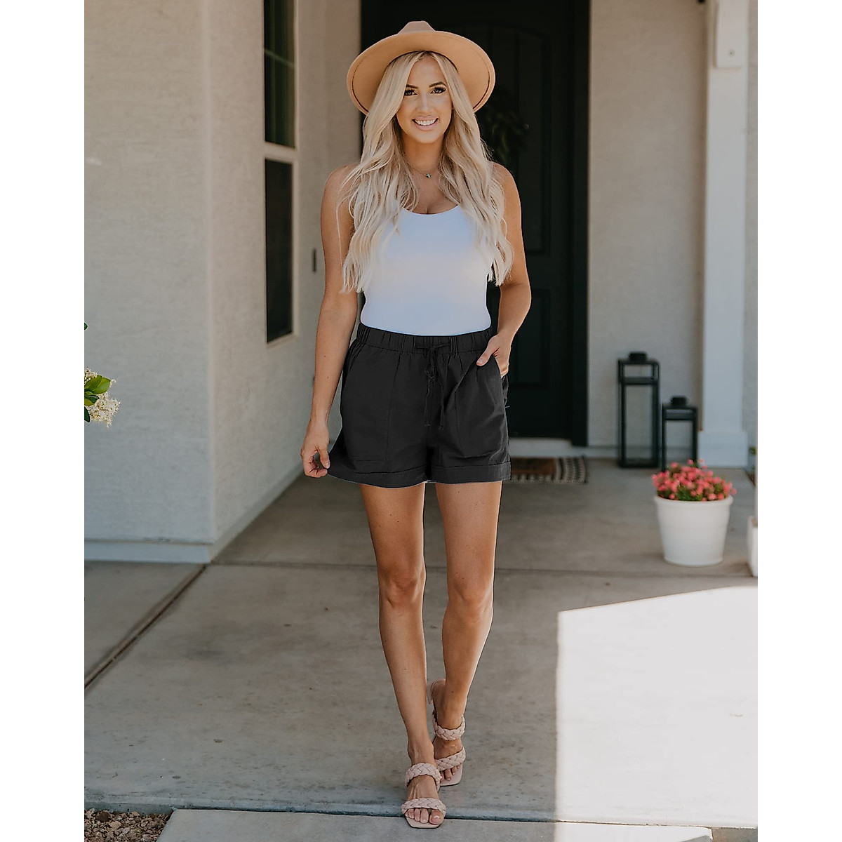 BTFBM Women Casual Shorts Plain Solid Color Elastic Waist Drawstring Summer Beach Lightweight Soft Short Lounge Pants(Solid Black, Large)