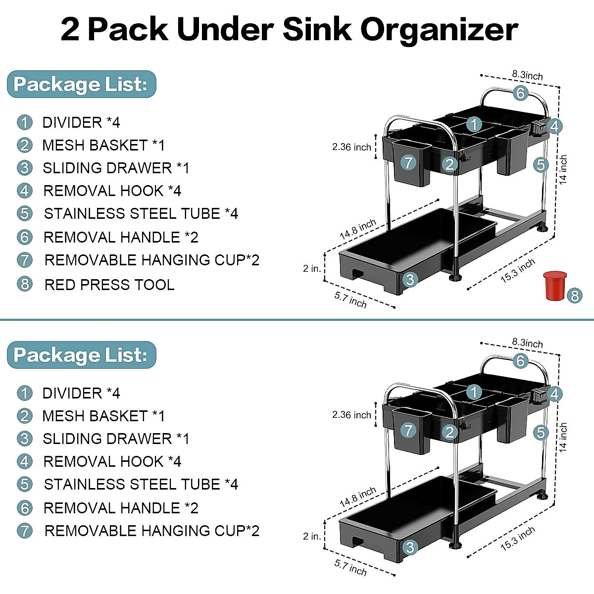 Luyata 2 Pack Under Sink Organizer, 2-Tier Pull Out Under Sink Cabinet Organizer, Sliding Drawer Basket Storage Organizer Shelf for Kitchen Bathroom, with Hooks, Hanging Cup, Dividers, Black