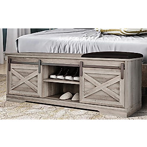 SAINTCY Shoe Bench Entryway with Storage, Modern Grey Shoe Cabinet with Sliding Barn Door, Storage Indoor Bench with 3 Adjustable Shelves for Entryway, Bedroom, Hallway