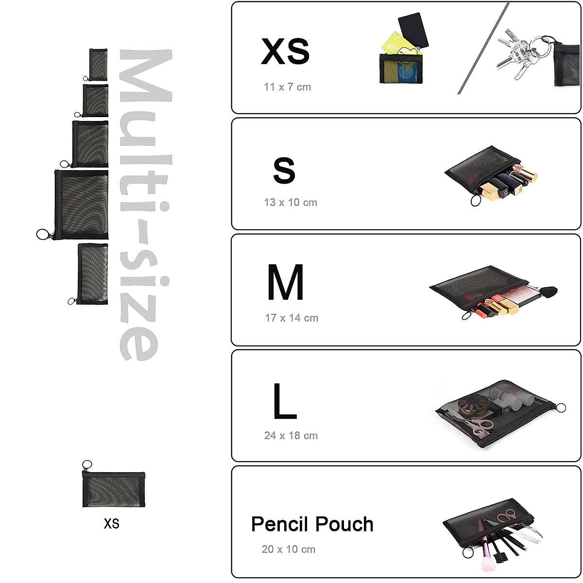 Patu Mini Zipper Mesh Bags, 3" x 4", Size XS / A8, 5 Pieces, Keychain Pouch Key Holder, Coin Purse, Clear Travel Kit Small Item Cosmetic Organizer, Black