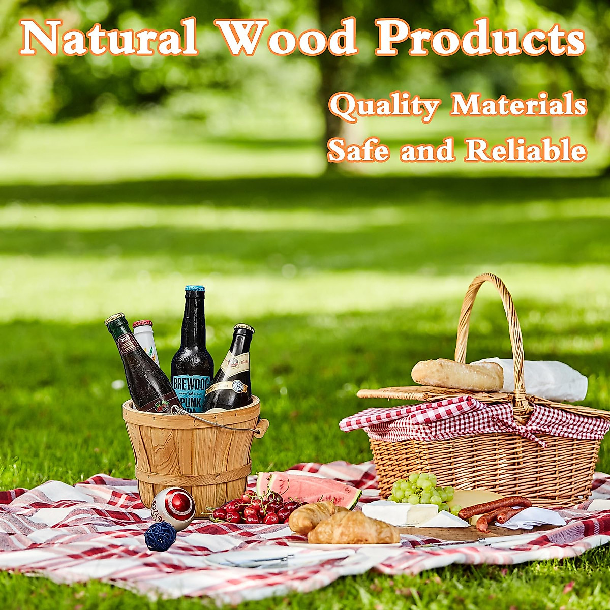 ZILAMGOO 2 Pack Round Wooden Baskets with Handles, Wooden Fruit Bucket, Bushel Baskets for Fruit and Vegetables, Decorating for Party, Birthdays, Holiday