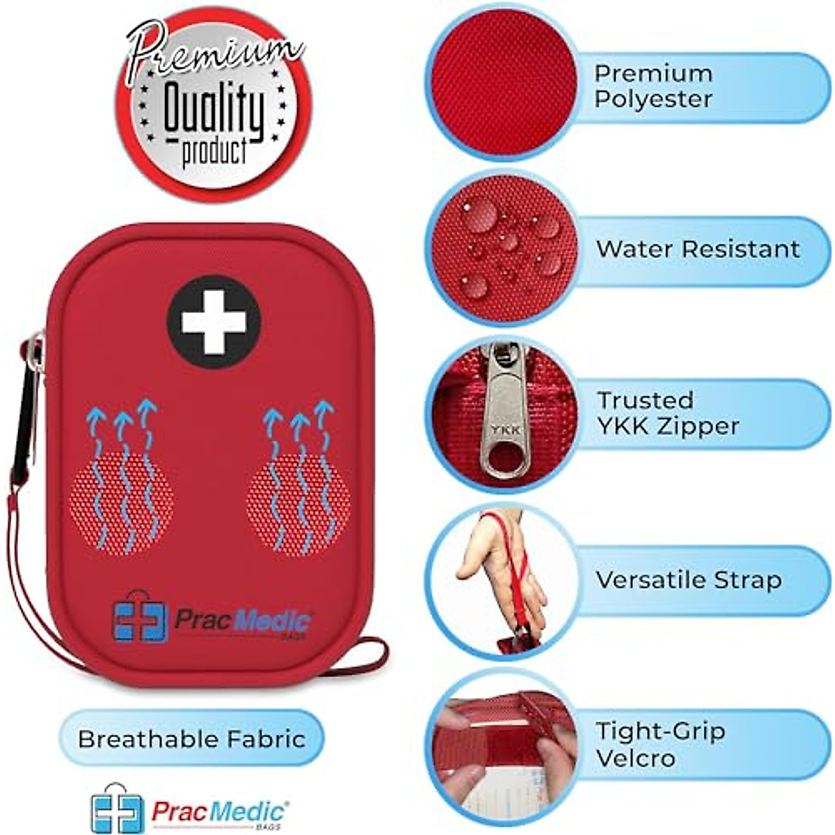 PracMedic Bags Auvi Q Carrying Case- Medicine Pouch - First Aid Pouch for Asthma Inhaler Case, Pump, Kids, Purse Essentials, Seizure Meds, Nasal Spray, Syringe, Travel Medicine, Hiking (Q-Pouch Red)