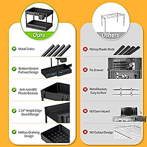 2PCS Under Sink Organizers and Storage, 2 Tier Under Sink Organizer with Sliding Drawers & Hooks & Hanging Cup, Multi-purpose Bathroom Storage Cabinet Organizer Shelf for Pantry, Bathroom, Kitchen