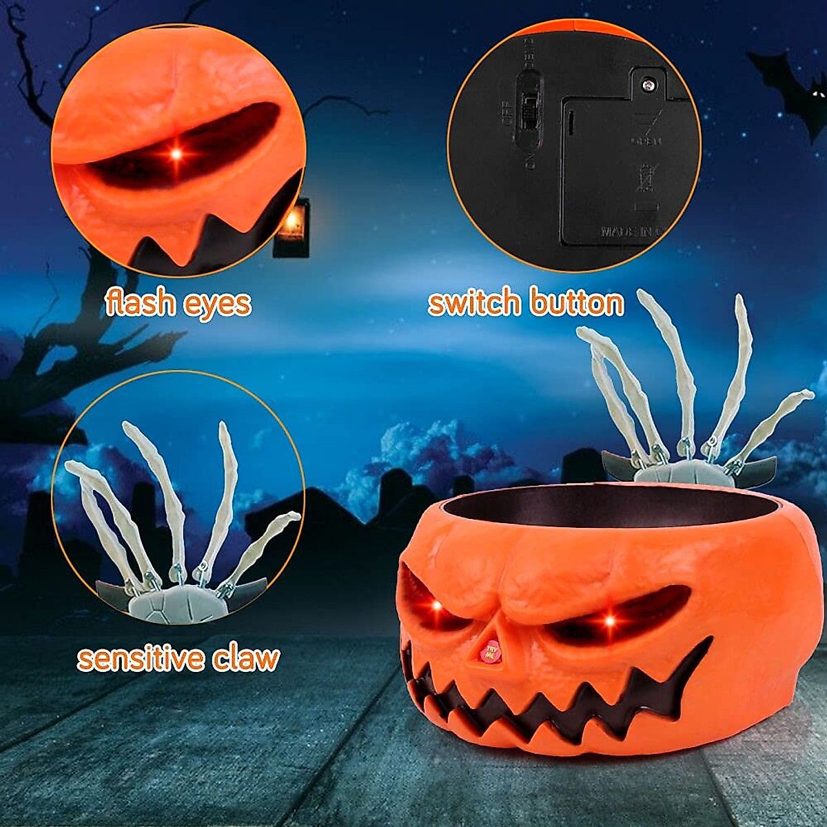 XOYTN XIMISHOP Animated Halloween Skull Bowl, Halloween Pumpkin Candy Bowl Dish with Creepy Moving Skeleton Hand for Halloween Party Decoration