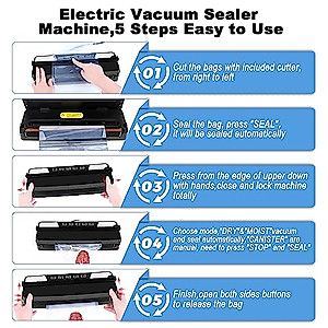 Food Vacuum Sealer 8 PCS Food Vacuum Sealer Machine 8 in 1 Automatic Vacuum Sealer with Cutter&Dry&Moist Vacuum and Seal and 3 Rolls Bags Starter Kits for Home and Kitchen