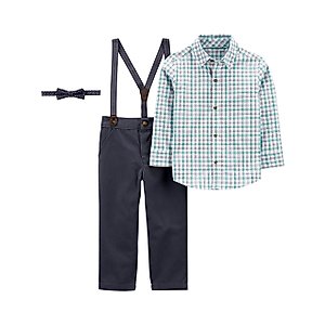 Simple Joys by Carter's Baby Boys' 4-Piece Special Occasion Bow-tie and Suspender Pants Set, Charcoal/Green Grey Checked/Navy Dots, 5T