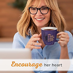 Christian Art Gifts Ceramic Coffee and Tea Mug 14 oz Inspirational Bible Verse Cup for Women: Strength and Dignity - Proverbs 31:25 Lead-Free, Microwave and Dishwasher Safe, Purple Sunflower
