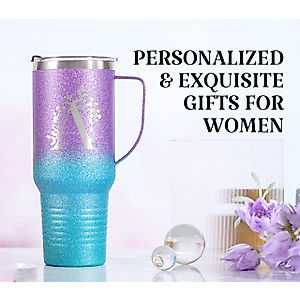 Personalized 40 oz Tumbler with Handle for Women, Monogrammed Travel Mugs with Initials, Unique Gifts for Her on Birthdays Christmas, Purple, F