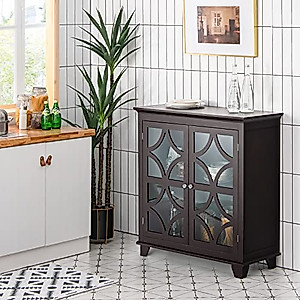 Giantex Buffet Sideboard, Freestanding Kitchen Cupboard w/Adjustable Shelf, 2 Decorative Glass Doors, Modern Storage Organizer for Living Room, Kitchen, Entryway (Brown)