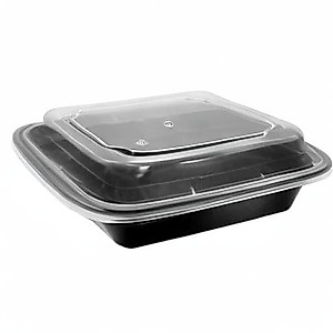 PACTOGO 12 oz. Rectangular Microwaveable Black Plastic Disposable Food Storage Containers with Lids - BPA Free (Pack of 10 Sets)