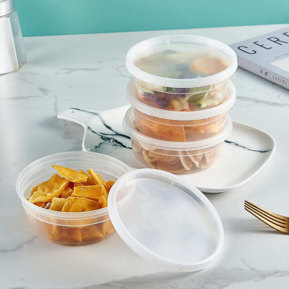 FULING [48pack 8oz Plastic Containers with Lids Deli Disposable Food Storage Takeout Containers Airtight BPA-Free Leakproof Round Bowls for Soup Salad Restaurant Supplies with Clear Lids