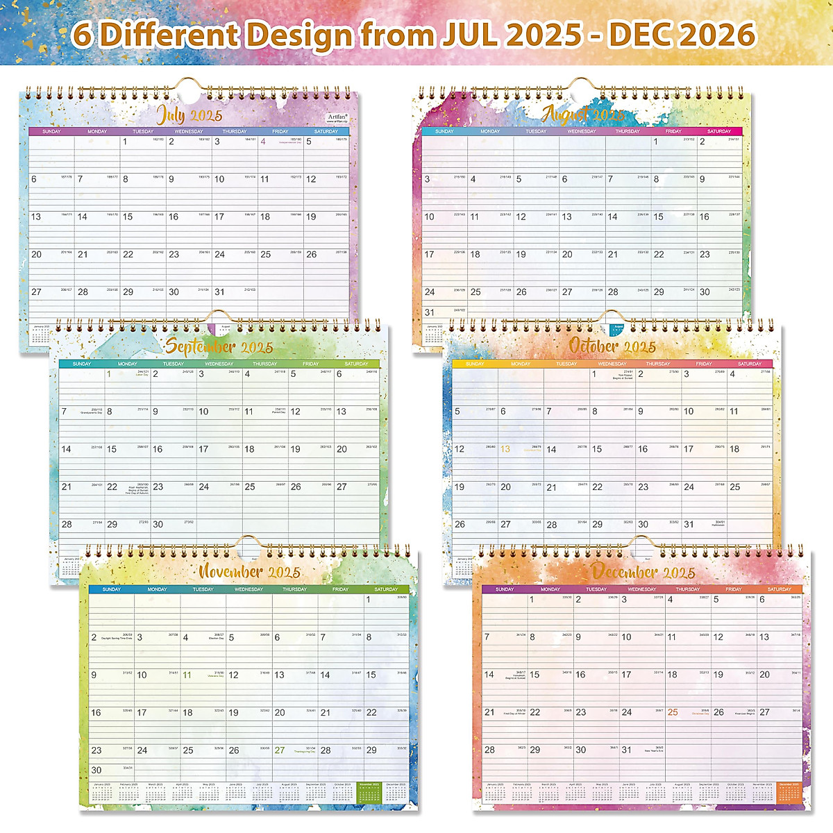 2025 Calendar - Wall Calendar 2025, Jan. 2025 to Dec. 2025, 11" x 8.5", 12 Monthly Wall Calendar 2025 with Julian Date - Waterink