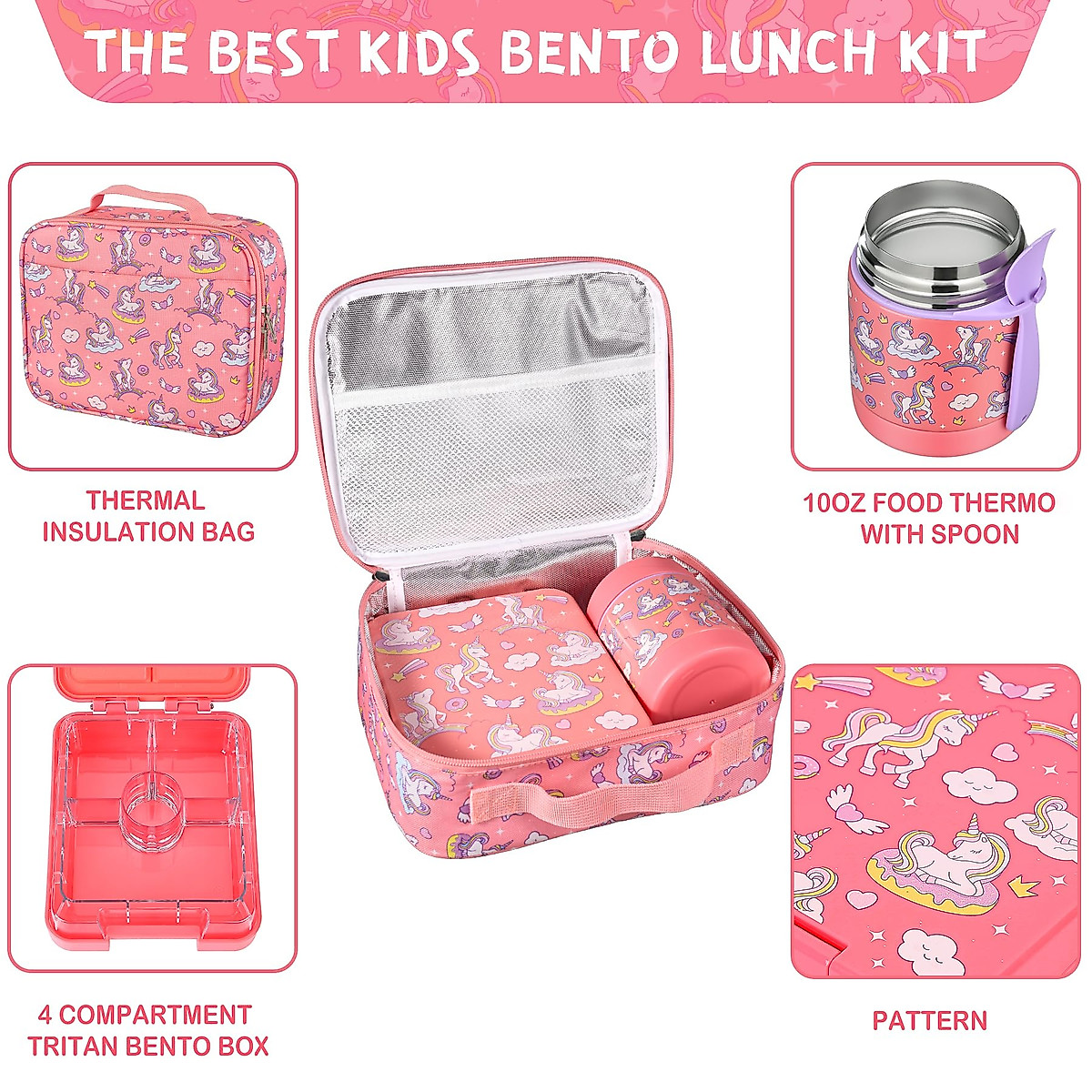 Pawtong Bento Lunch Box Set With 10oz Soup Thermo, Leak-proof Lunch Containers with 4 Compartment, Kids Hot Thermo Food Jar/Insulation Lunch Bag, Food Containers for School