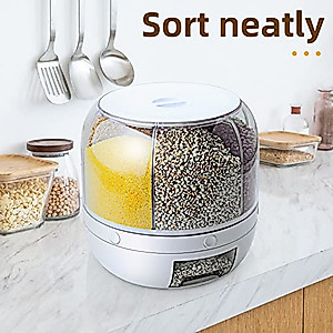 WOWFUNNY Grain Dispenser, 8.2 Qt Rotating Rice Dispenser Storage Container, 6-Compartment Dry Food with Measuring Cup, Containers for Kitchen Small Grains, Beans, (8.2Qt)