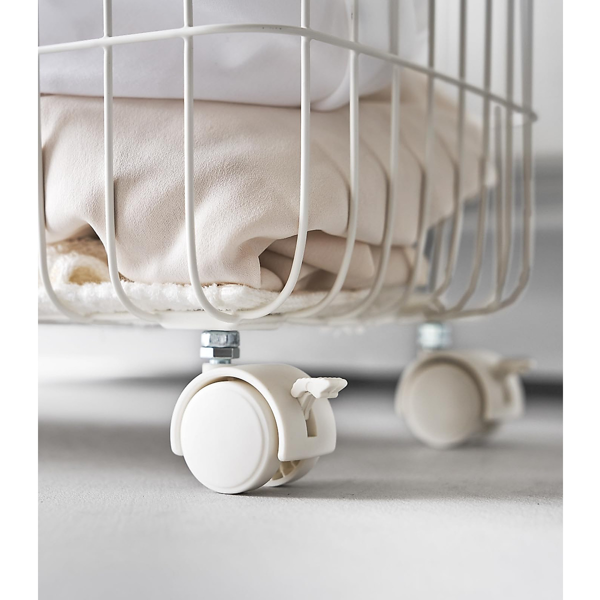 Yamazaki Home Tosca Compact Rolling Laundry Basket Cart - Metal Hamper With Wheels And Handle For Easy Mobility - Space-Saving Storage Solution, 15" - Steel + Wood - 9.2 Gallons, 35L