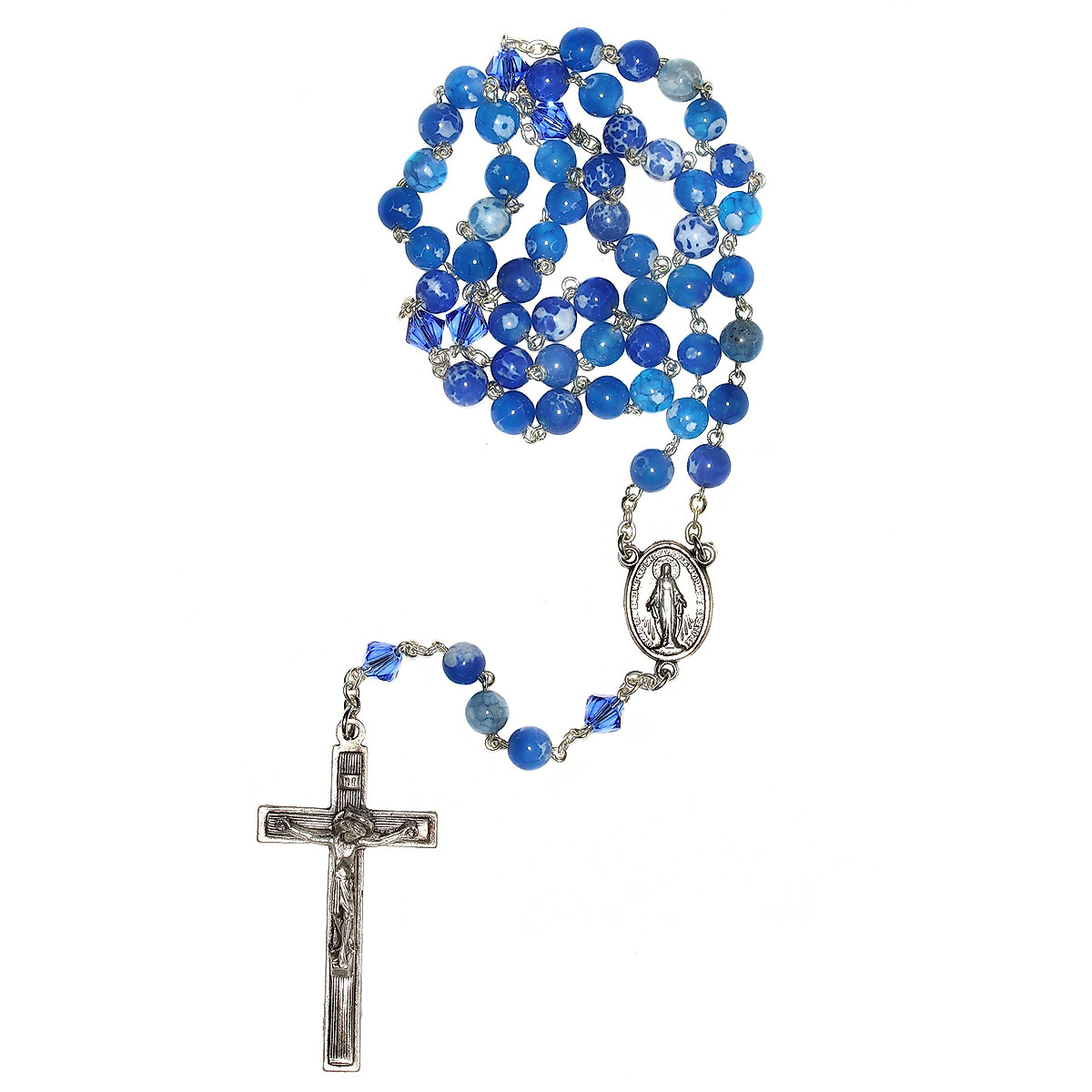 Gemstone Catholic Prayer Rosary - Includes "How to Pray the Rosary", Rosary Pouch and Gemstone meaning (Blue Agate - Silver)