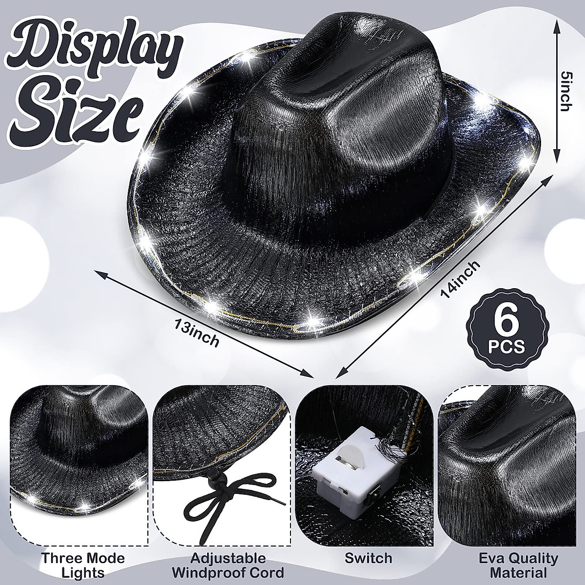 Janmercy 6 Pack Led Cowboy Hats Light Up Glitter Space Cowgirl Hat with 6 Heart Sunglasses for Women Girls and Men (Black)