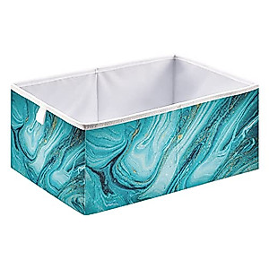 xigua Turquoise Marble Rectangle Storage Bin Large Collapsible Storage Basket Toys Clothes Organizer Box for Shelf Closet Bedroom Home Office, 15.8 x 10.6 x 7 Inch