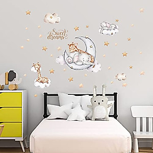 Elephant and Giraffe on The Moon and Stars Wall Stickers for Kids Baby Room Decor Sweet Dream Moon Hot Air Balloon Star Baby Nursery Decor Baby Shower Room Interior Decor Kid