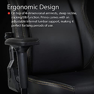 Arozzi Primo Premium PU Leather Gaming Chair Office Chair with Recliner Swivel Tilt Rocker Adjustable Height 4D Armrests Neck Pillow and Built-in Lumbar Adjustment - Black with Gold Accents