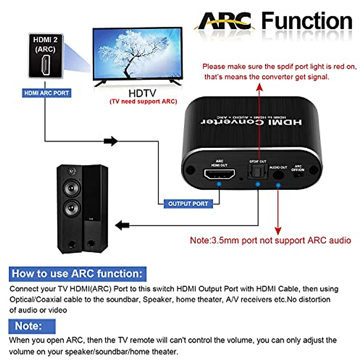 avedio links 4K@60Hz HDMI Audio Extractor, HDMI to HDMI + Optical Toslink SPDIF + 3.5mm AUX Stereo Audio Out, HDMI Audio Converter Adapter Splitter Support HDCP1.4 Full HD 1080P 3D
