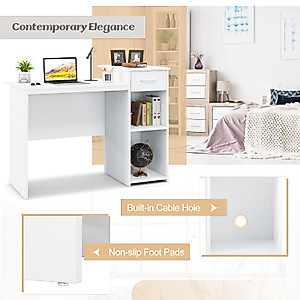 Giantex Computer Desk with Storage, Modern PC Laptop Table with Printer Shelf, Drawer, CPU Stand & Cable Hole, Compact Study Writing Desk Workstation for Small Spaces Home Office, White