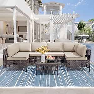 Trumbeak 7 Pieces Patio Fuiniture Set Wicker Outdoor Sectional Sofa,All Weather Brown PE Rattan Outdoor Conversation Set w/Thick Cushions and Glass Coffee Table,Sand