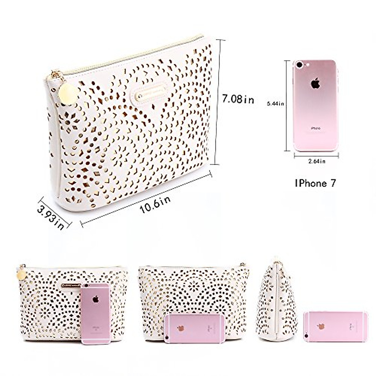 Makeup Bag, Wuhua Gold Pattern Cosmetic Bag with Zipper, Toiletry/Travel Bag for Brushes Jewelry Accessories Collection, Single Layer Storage Bag for Women