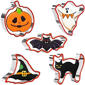 Crethinkaty Halloween Cookie Cutters Set 5 Piece Halloween Biscuit Cutters Stainless Steel with Protective Silicone Edge for Baking - Pumpkin, Bat, Ghost, Cat and Witch Hat