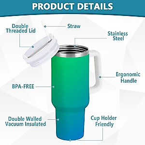 ODAWA Green Blue Gradients Insulated Tumblers 40 Oz Travel Mugs with Handle and Straw Lid