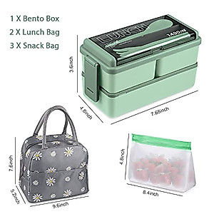 NatraProw Stackable Bento Box Kit, 47.35OZ Bento Box Adult Lunch Box, 3 Compartments Bento Lunch Box with Lunch Bag and Utensils, Meal Prep Containers for Adults, BPA Free Microwave Bento Box (Green)
