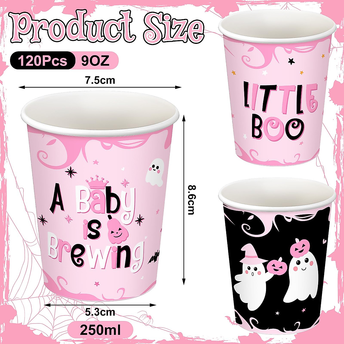 120 Pack Halloween Baby Shower Cups Disposable A Baby Is Brewing Cups Halloween Little Boo Baby Shower Decorations Halloween Gender Reveal Party Supplies Halloween Cups 9 oz for Adults(Pink)