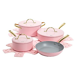 Paris Hilton Iconic Nonstick Pots and Pans Set, Multi-layer Nonstick Coating, Matching Lids With Gold Handles, Made without PFOA, Dishwasher Safe Cookware Set, 10-Piece, Pink