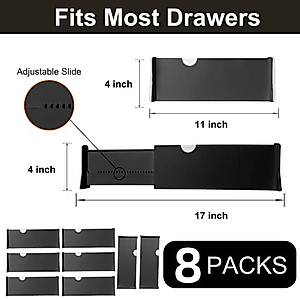 KIKILIE 8 Pack Kitchen Drawer Divider, 11-17 Inch Expandable Organizers for Clothing, Baby Clothes, Makeup, Utensils, Deep Dresser Organizer Dividers, 4 Tall Separators, White